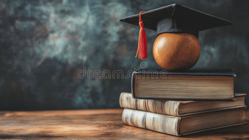 Graduation Cap Resting on Stacked Books on a Wooden Table Stock Image ...