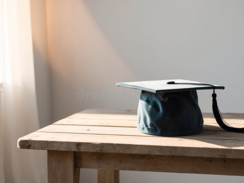 Graduation Cap Resting on a Wooden Table with Soft Light Illuminating ...