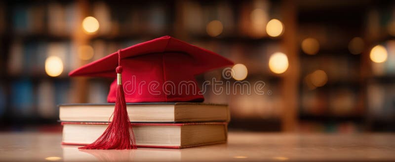The Graduation Cap Rests Atop Books in a Warm Library Setting..AI ...