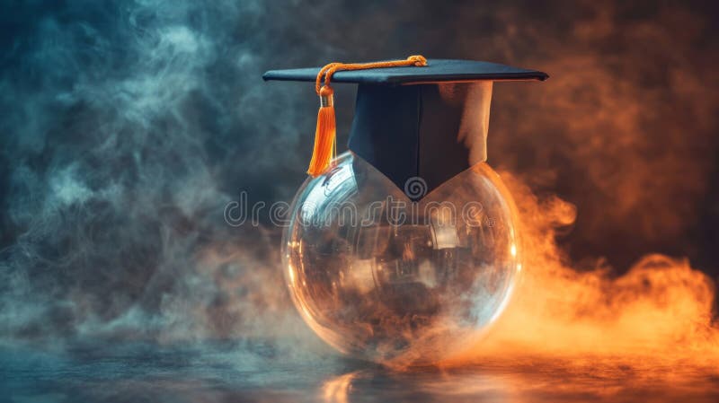 Graduation Cap Rests Atop a Glass Sphere in Smoke Stock Illustration ...