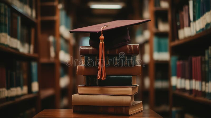 A Graduation Cap Rests Atop a Stack of Books on a Desk in a Library ...