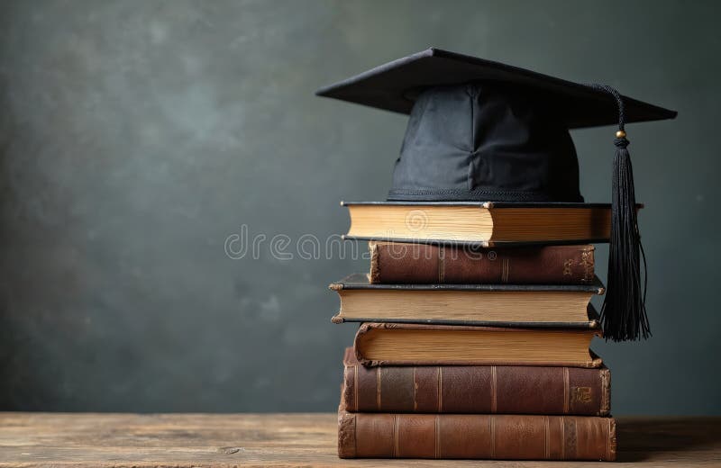 Graduation Cap Rests Atop Stack of Books. Education Concept. Academic ...