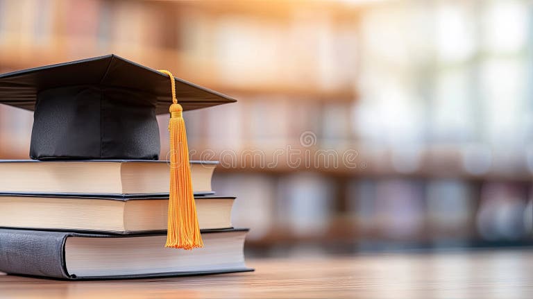 A Graduation Cap Rests Atop a Stack of Books in a Library, Illuminated ...