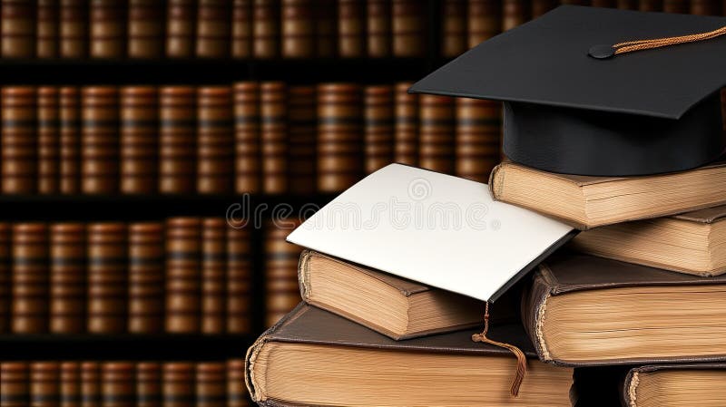 A Graduation Cap Rests Atop a Stack of Books in a Library, Illuminated ...