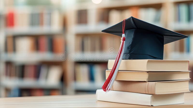 A Graduation Cap Rests Atop a Stack of Books in a Library, Illuminated ...