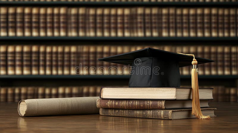 A Graduation Cap Rests Atop a Stack of Books in a Library, Illuminated ...