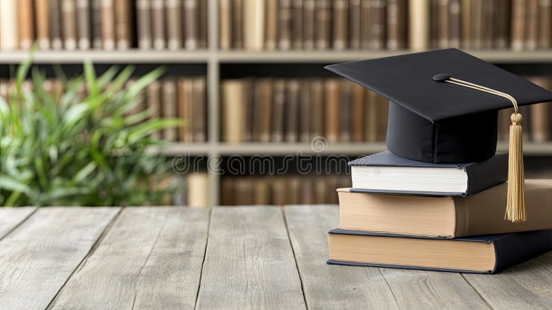 A Graduation Cap Rests Atop a Stack of Books in a Library, Illuminated ...
