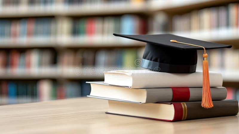 A Graduation Cap Rests Atop a Stack of Books in a Library, Illuminated ...