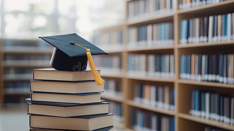 A Graduation Cap Rests Atop a Stack of Books in a Library, Illuminated ...