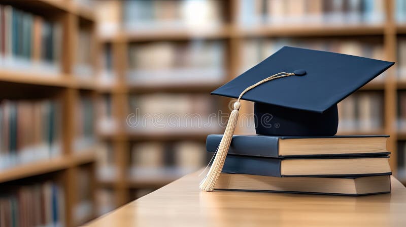 A Graduation Cap Rests Atop a Stack of Books in a Library, Illuminated ...