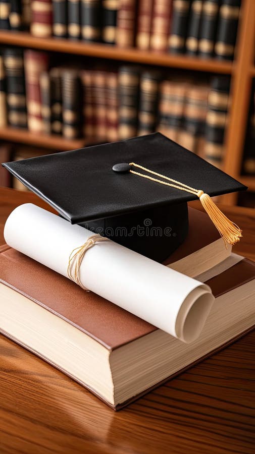 A Graduation Cap Rests Atop a Stack of Books in a Library, Illuminated ...