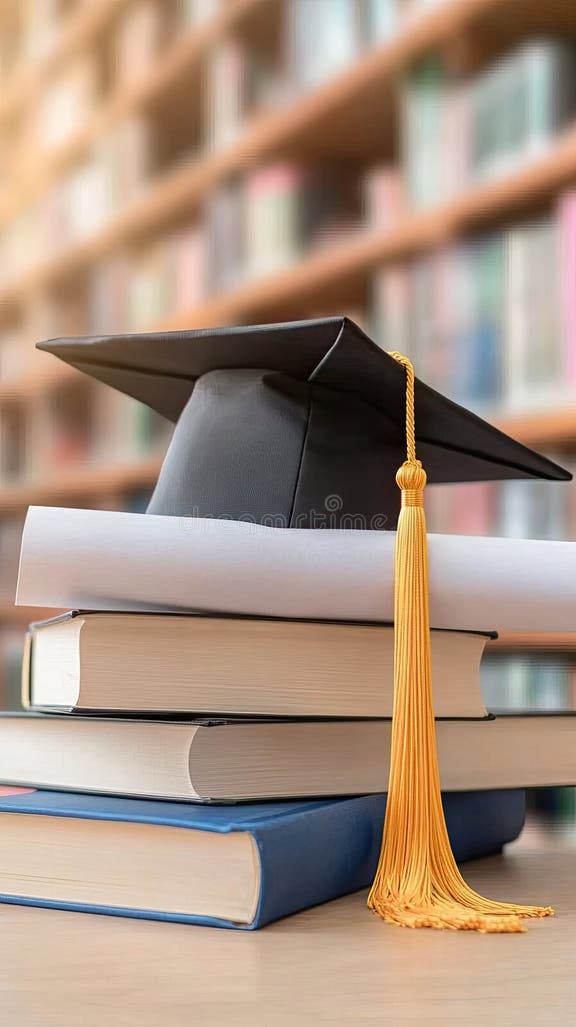 A Graduation Cap Rests Atop a Stack of Books in a Library, Illuminated ...