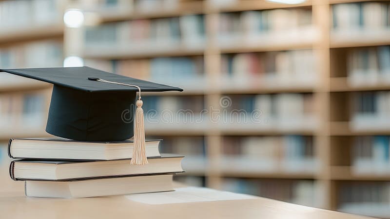 A Graduation Cap Rests Atop a Stack of Books in a Library, Illuminated ...
