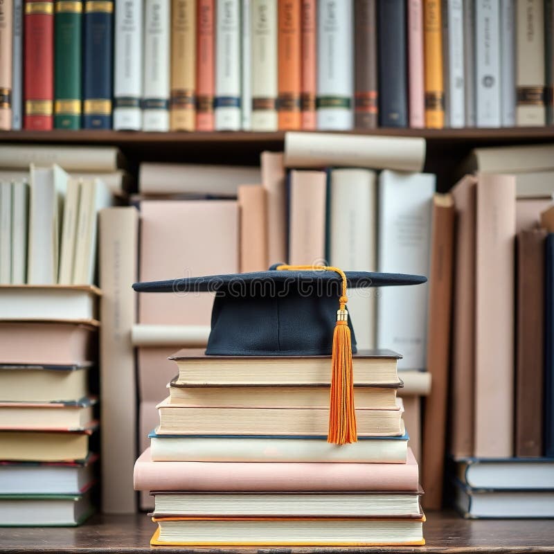 Graduation Cap Rests Atop a Stack of Books in a Library, Symbolizing ...