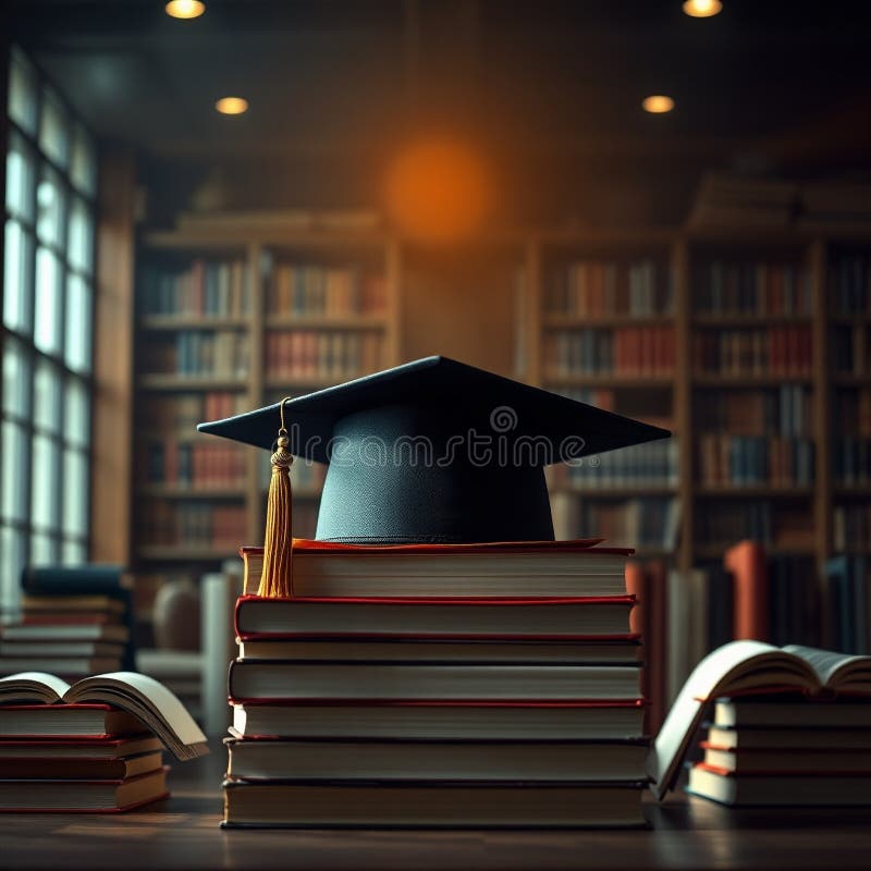 Graduation Cap Rests Atop a Stack of Books in a Library, Symbolizing ...