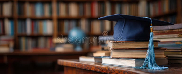 The Graduation Cap Rests Atop a Stack of Books in a Serene Library ...