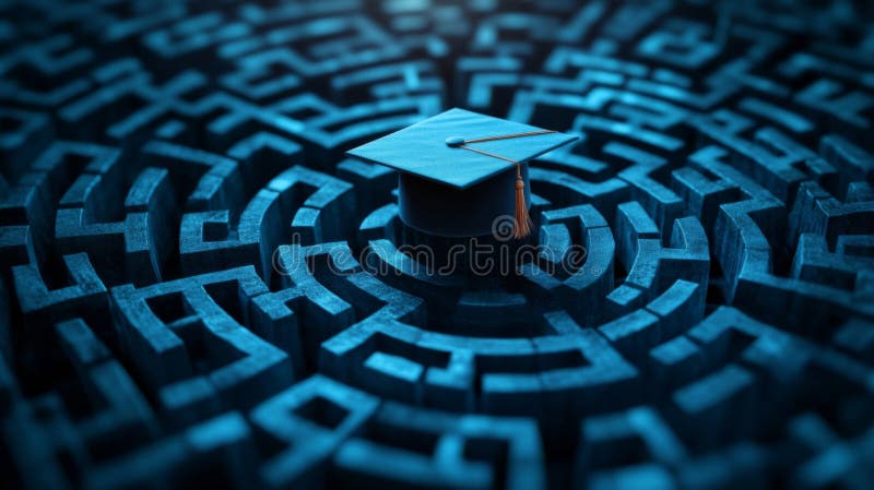 Graduation Cap Rests at the Center of a Complex Maze Stock Illustration ...
