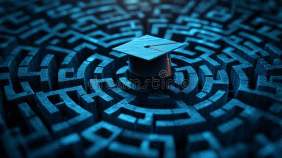 Graduation Cap Rests at the Center of a Complex Maze Stock Illustration ...