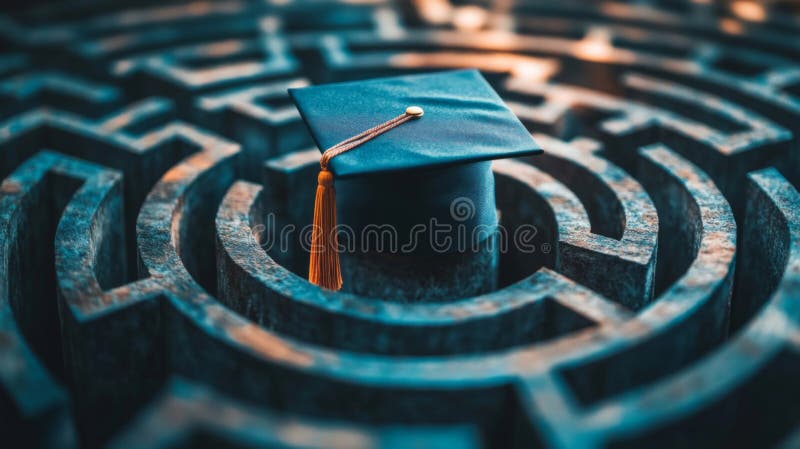 Graduation Cap Rests within a Complex Maze Stock Illustration ...