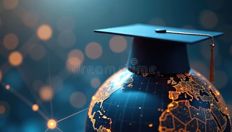 Graduation Cap Rests on Digital Globe Featuring Glowing Connections ...