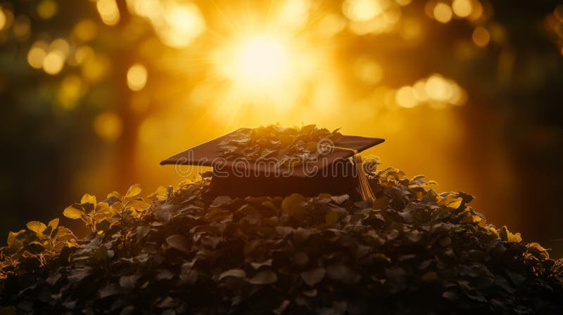 Graduation Cap Rests on Lush Green Foliage at Sunset Stock Illustration ...