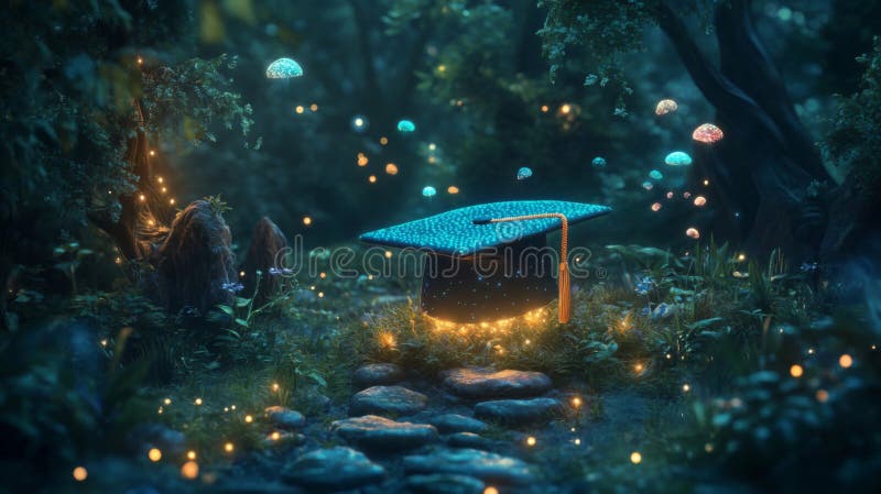 Graduation Cap Rests in a Magical Forest Setting Stock Illustration ...