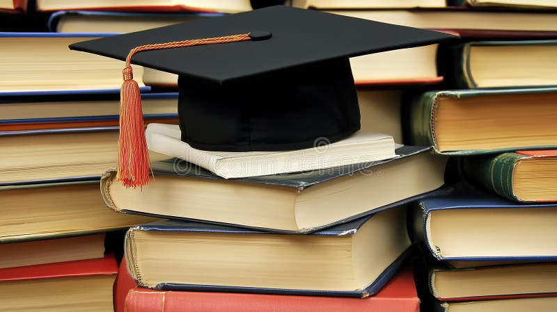 Graduation Cap Rests on a Pile of Academic Books in a Study Environment ...