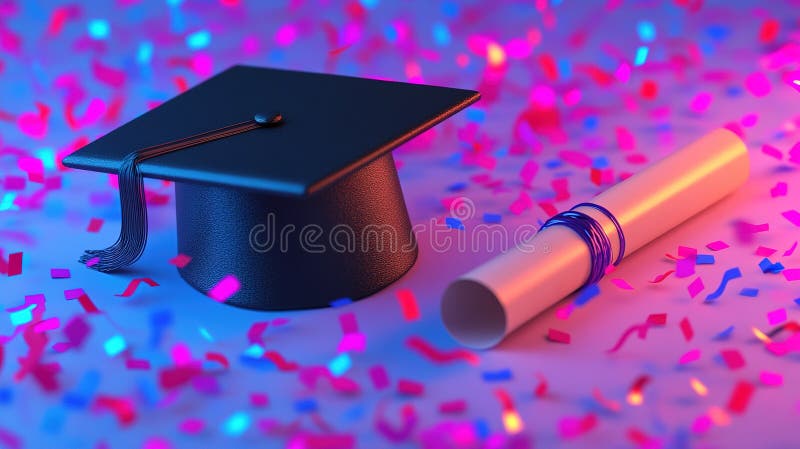 Graduation Cap and Diploma Surrounded by Colorful Confetti Celebrating ...