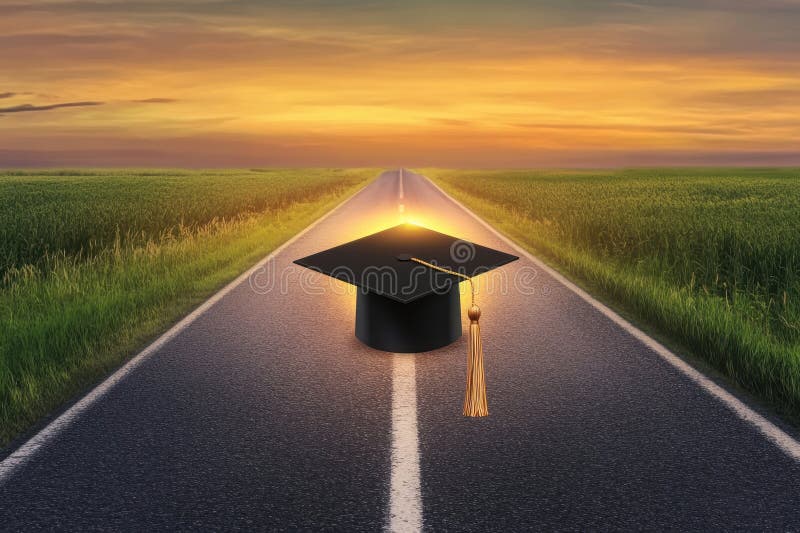 Graduation Cap on Road at Sunset Symbolizing Future Journey in ...