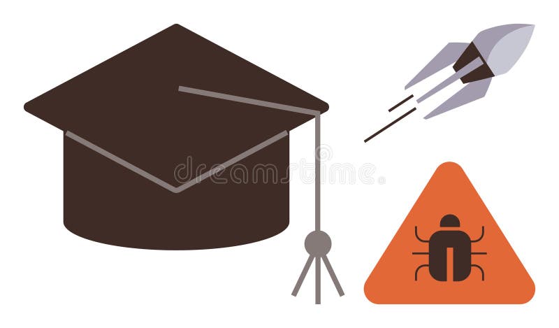 Graduation Cap, Rocket, and Bug Warning Triangle Representing Education ...