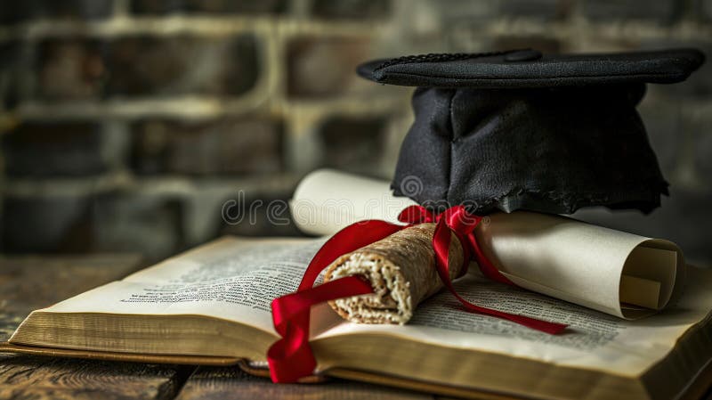 A Graduation Cap and a Graduation Roll that Tied with Red Ribbon Rested ...
