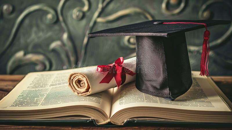 A Graduation Cap and a Graduation Roll that Tied with Red Ribbon Rested ...
