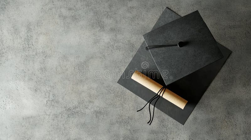 A Graduation Cap and Rolled Diploma Styled Against a Neutral Gray Stock ...