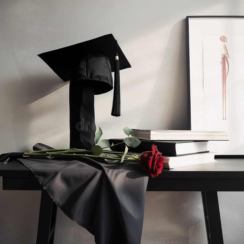 A Graduation Cap and a Rose on a Table. AI Generative Image Stock ...