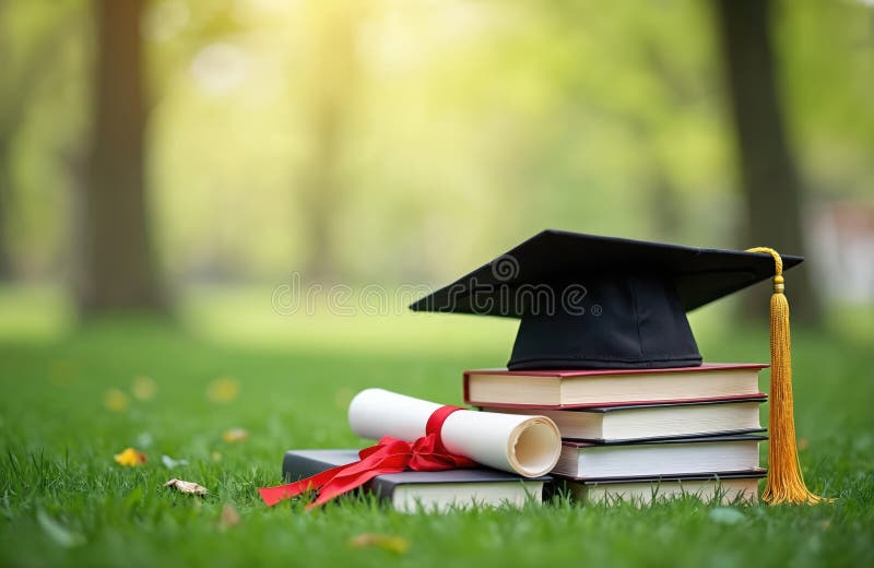 Graduation Cap, Scroll, and Stack of Books Sit on Green Grass in a Park ...