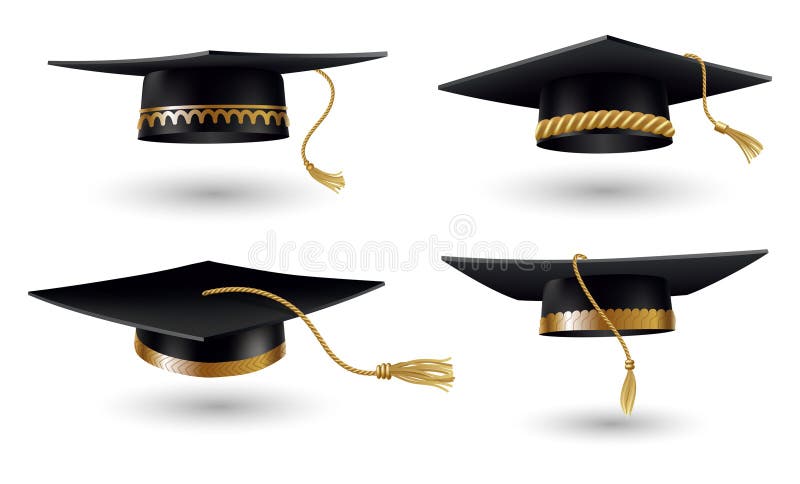 Graduation Cap Set. Black Educational Student Hat with Golden Tassel ...