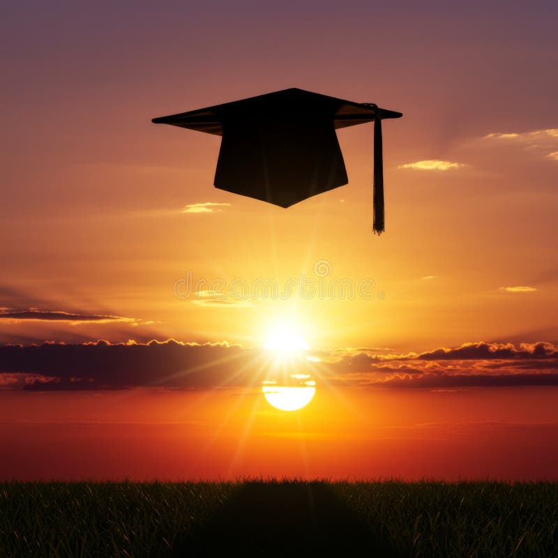 Graduation Cap Silhouette at Sunset Stock Illustration - Illustration ...