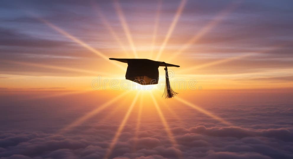 Graduation Cap Silhouette at Sunset Over Clouds Stock Illustration ...