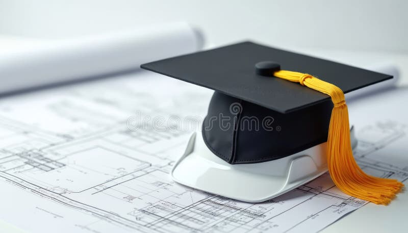 Graduation Cap Sits Atop a Construction Helmet on Blueprints ...