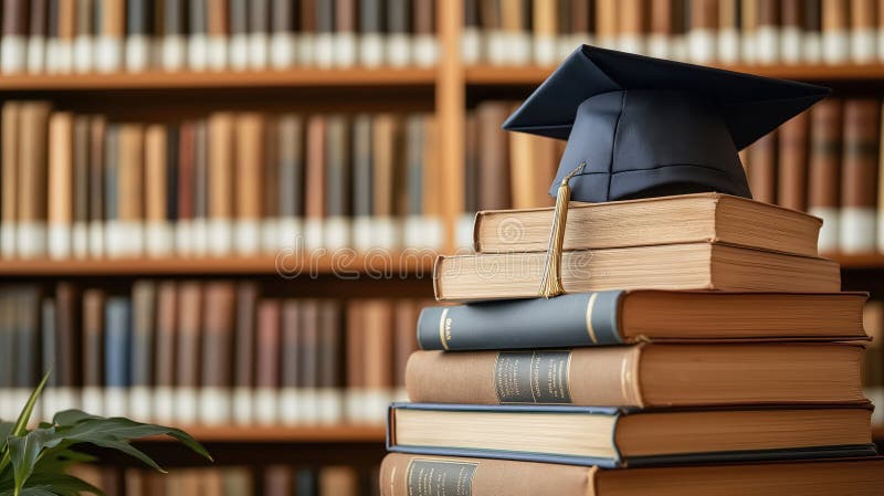 Graduation Cap Sits Atop Stack of Books in Library. Academic ...