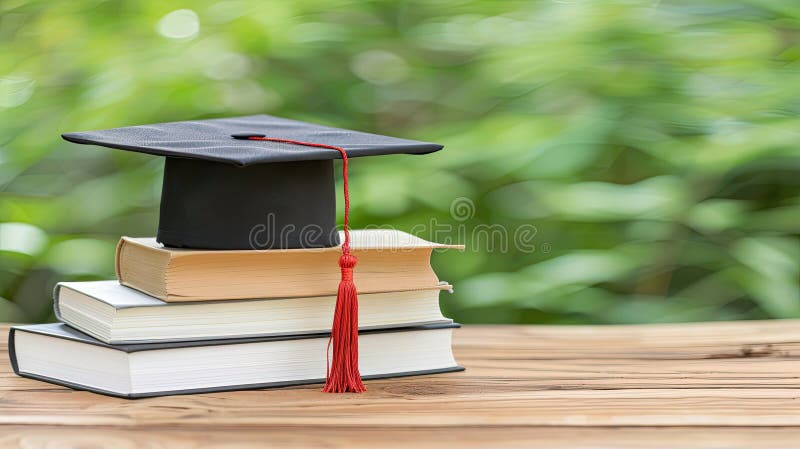 A Graduation Cap Sits Atop a Stack of Books Surrounded by Lush Greenery ...