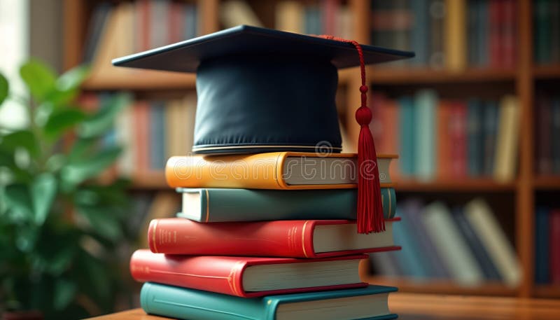 Graduation Cap Sits Atop Stack of Colorful Books in Library. Academic ...