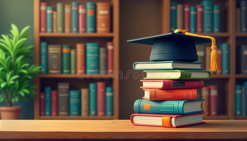 Graduation Cap Sits Atop Stack of Colorful Books on Wooden Table Inside ...