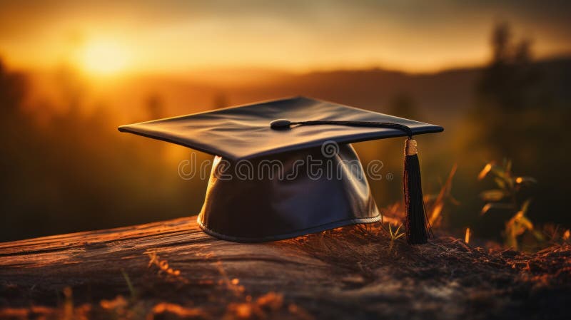 A Graduation Cap Sits on a Stump in the Background, AI Stock Image ...