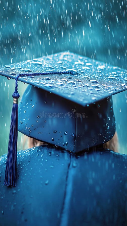 Graduation Cap Resting on Wet Ground with Rain Falling in Urban ...
