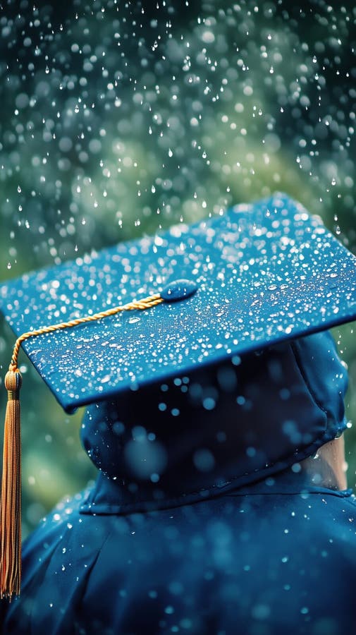 Graduation Cap Resting on Wet Ground with Rain Falling in Urban ...