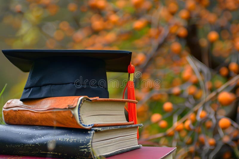 Graduation Cap Sitting on Stack of Books in Autumn Setting Stock ...