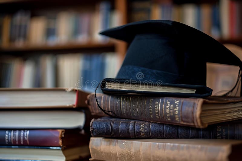 Graduation Cap Sitting on Stack of Books in Library Stock Photo - Image ...