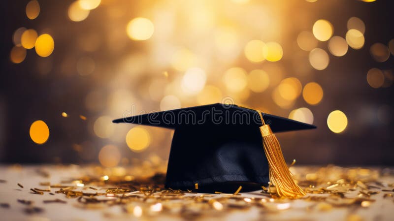 A Graduation Cap Sitting on Top of a Pile of Gold Confetti Stock Image ...
