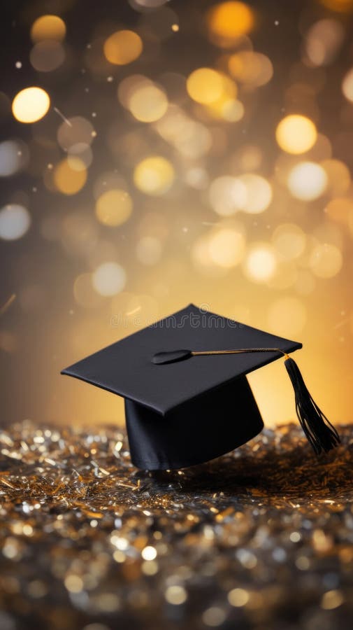 A Graduation Cap Sitting on Top of a Pile of Gold Confetti Stock Photo ...
